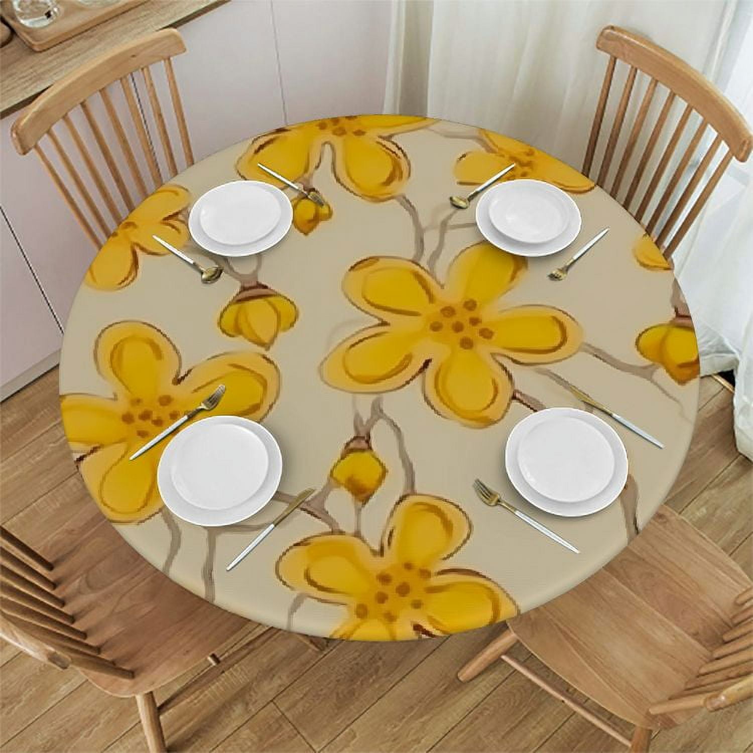 Shangniulu Fitted Round Tablecloth with Elastic Edge Wipe Clean Yyellow ...