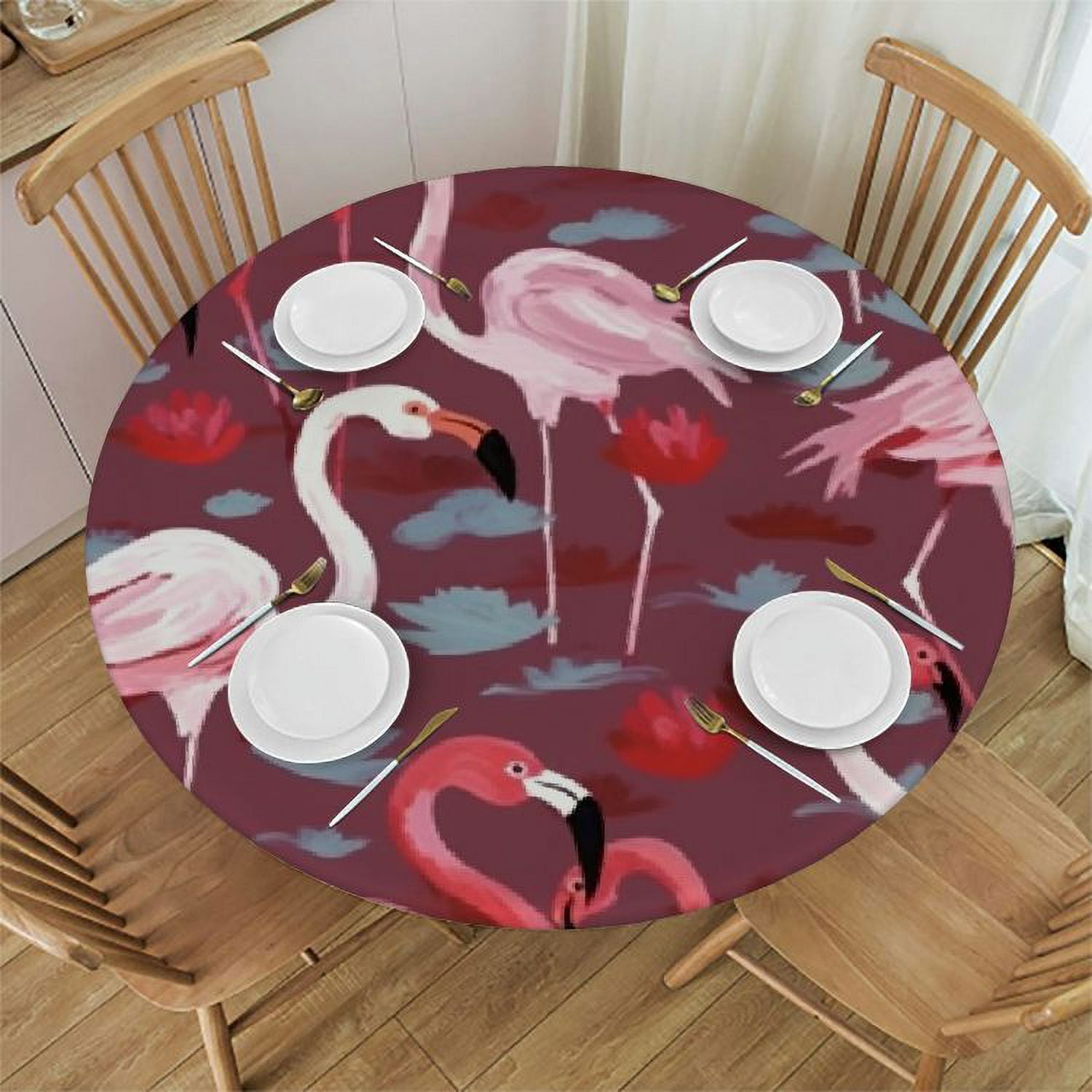 Shangniulu Flamingos in Love and Tropical Palm Leaves Round Tablecloth ...