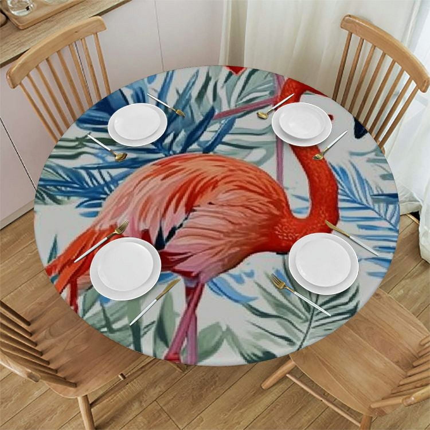 Shangniulu Flamingos and Tropical Palm Leaves Round Tablecloth, Fitted ...