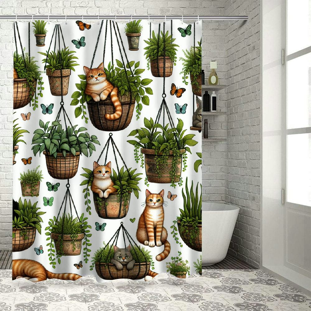 Shangniulu Hanging Potted Plants Cat Shower Curtain With Hooks