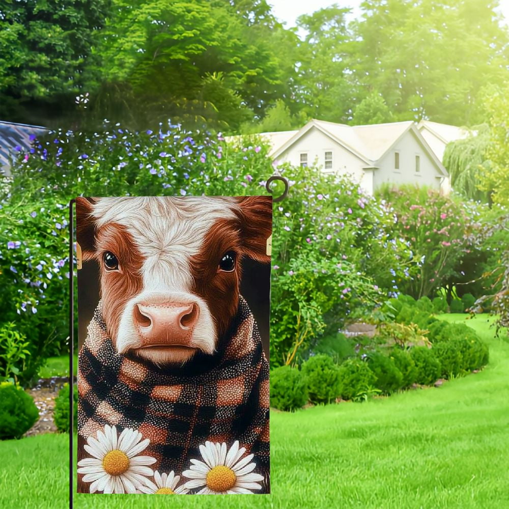 Shangniulu Highland Cow Garden Flag Plaid Daisy Yard Flags Floral Cow ...