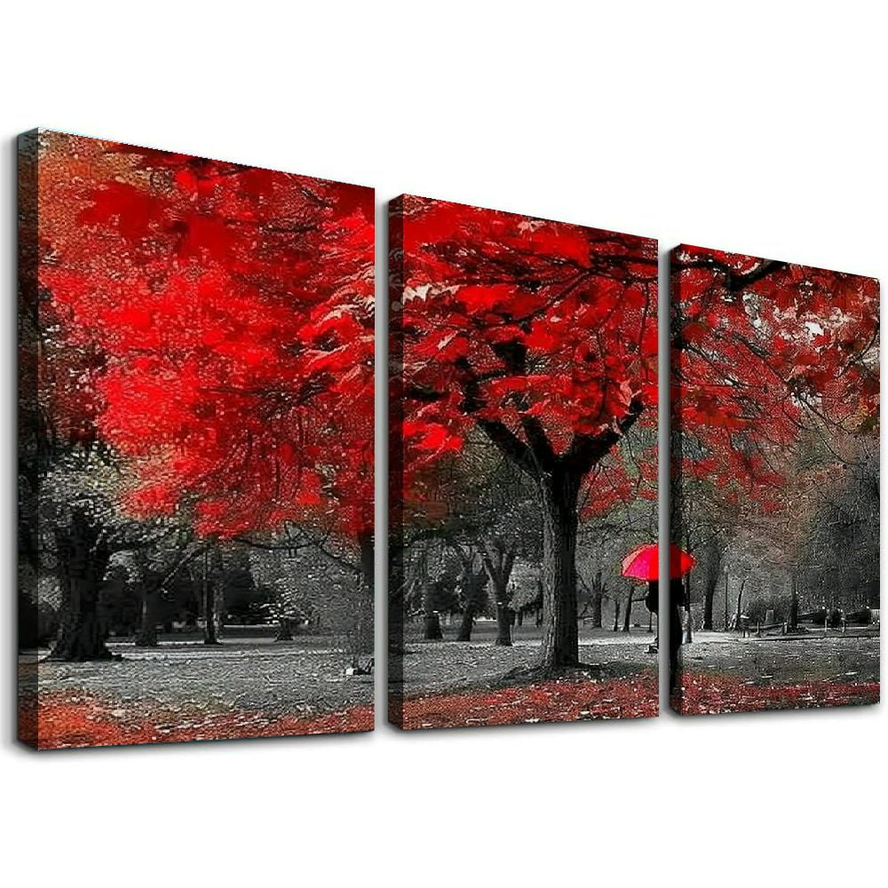 Shangniulu Living Room Wall Art Tree Red Wall Decor Natural Scenery ...