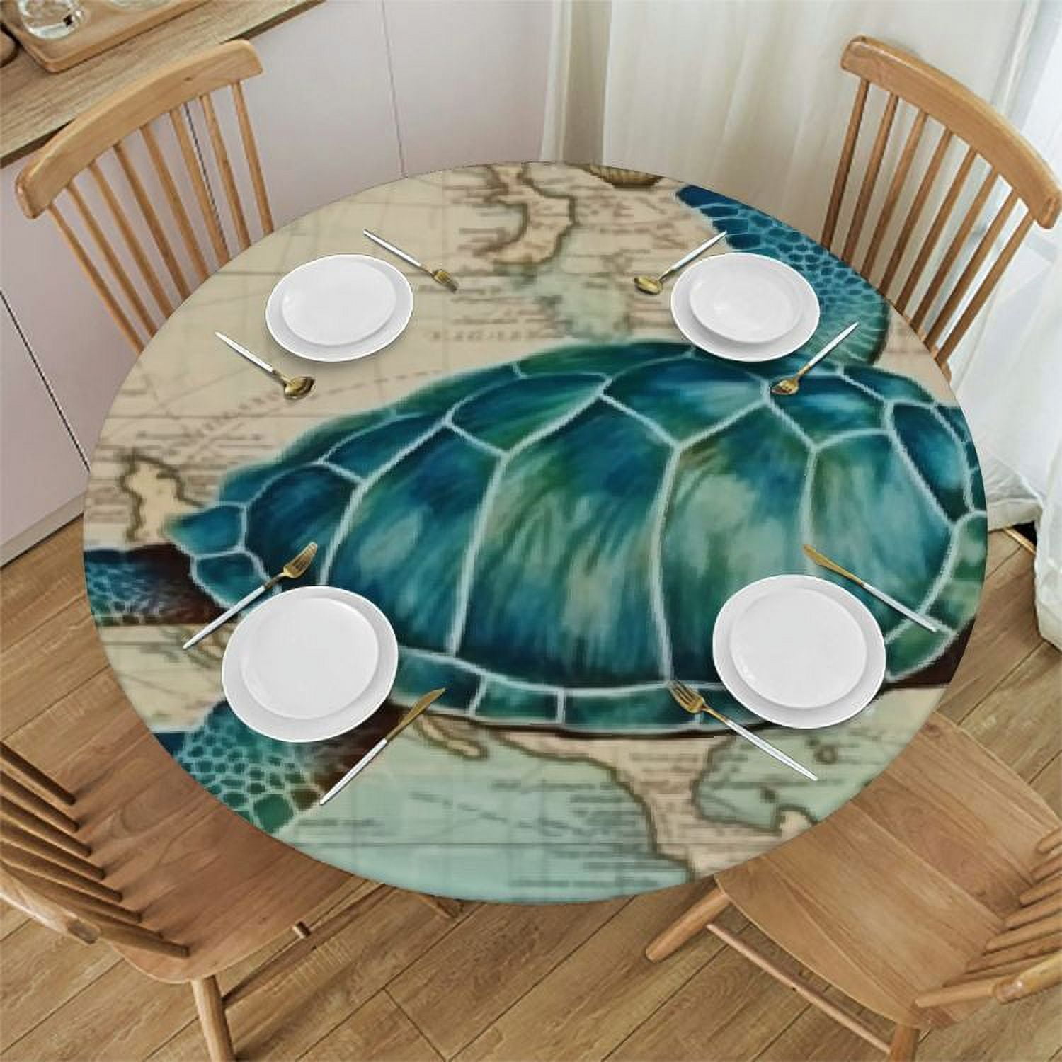Shangniulu Ocean Turtle Fitted Tablecloth Round, Blue Green Ocean ...