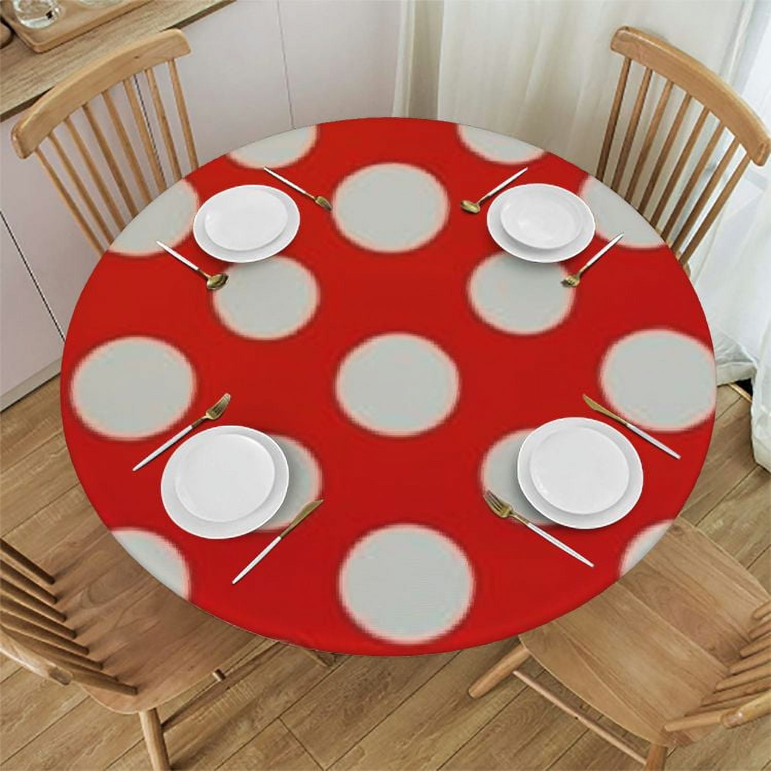 Shangniulu Polka Dots Round Fitted Tablecloth White and Red Spots ...