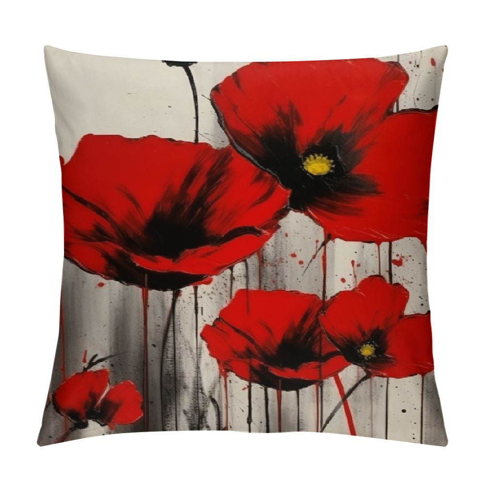 Shangniulu Poppy Flower Pillow Case,Vintage Red Poppy Flower Short ...