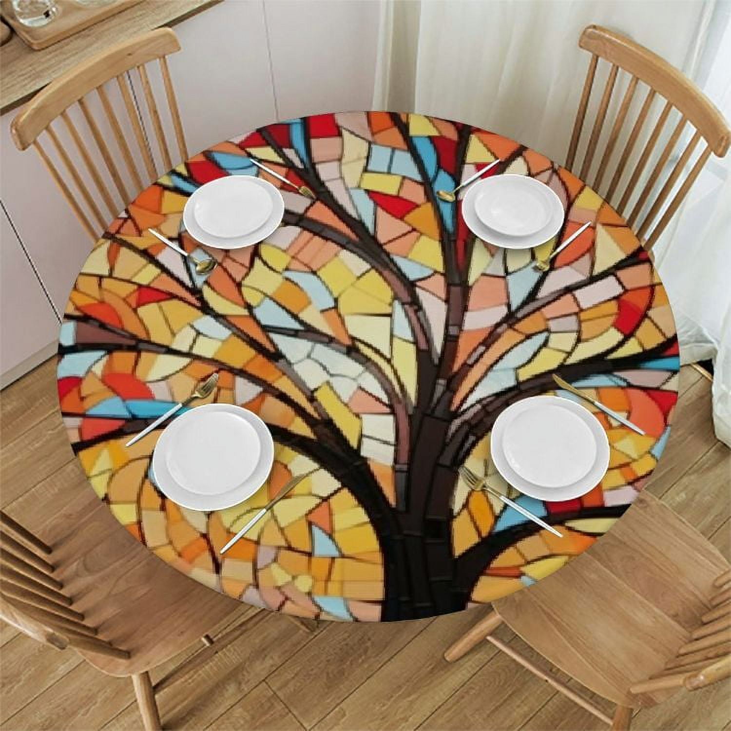 Shangniulu Retro Colorful Tree Round Fitted Tablecloth with Elastic ...