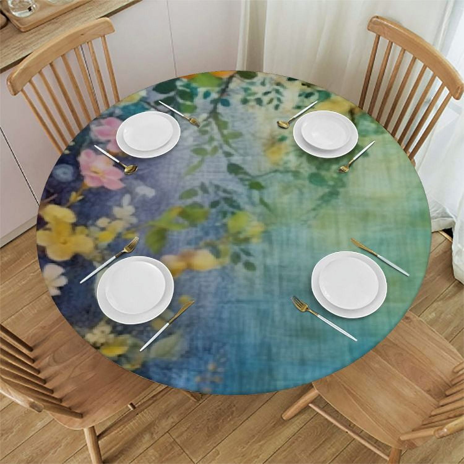Shangniulu Round Fitted Tablecloth with Elastic Watercolor Floral ...