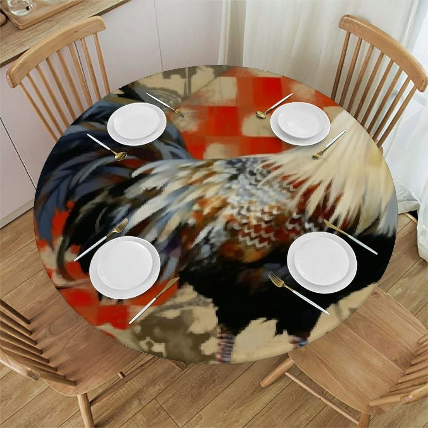 Shangniulu Round Fitted Tablecloth Retro Rooster Round Tablecloth with ...