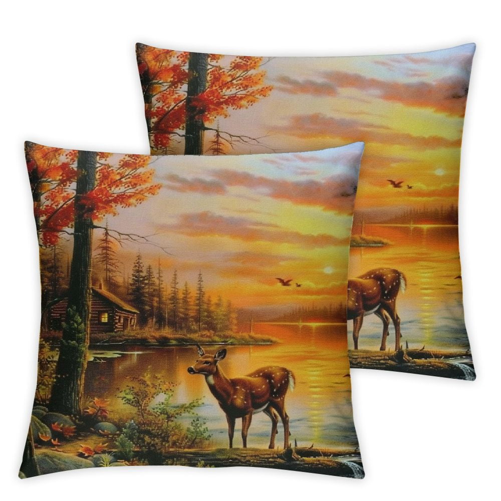 Shangniulu Set of 2 Rustic Deer Farmhouse Throw Pillow Covers, Square ...