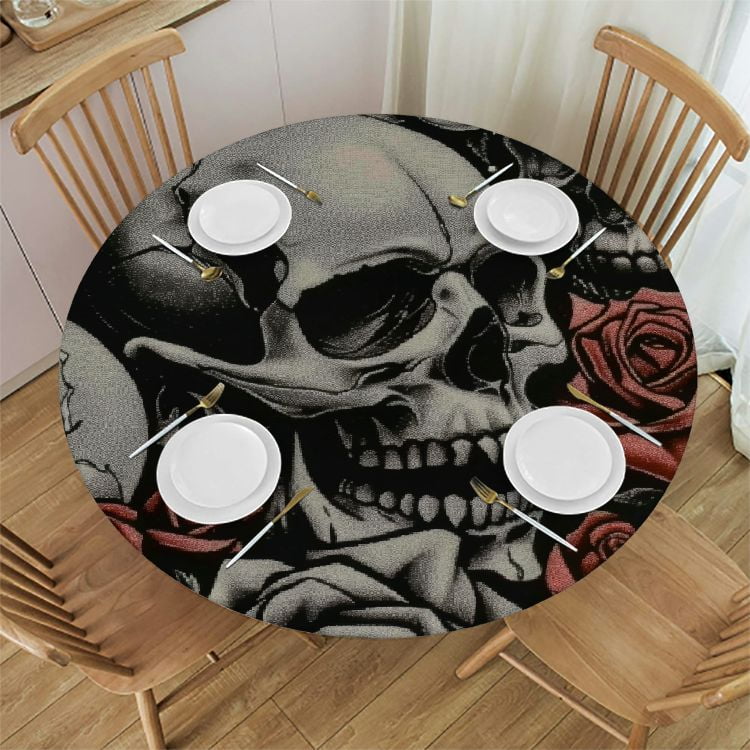 Shangniulu Skull Round Tablecloth with Elastic Edge,Halloween Sugar ...