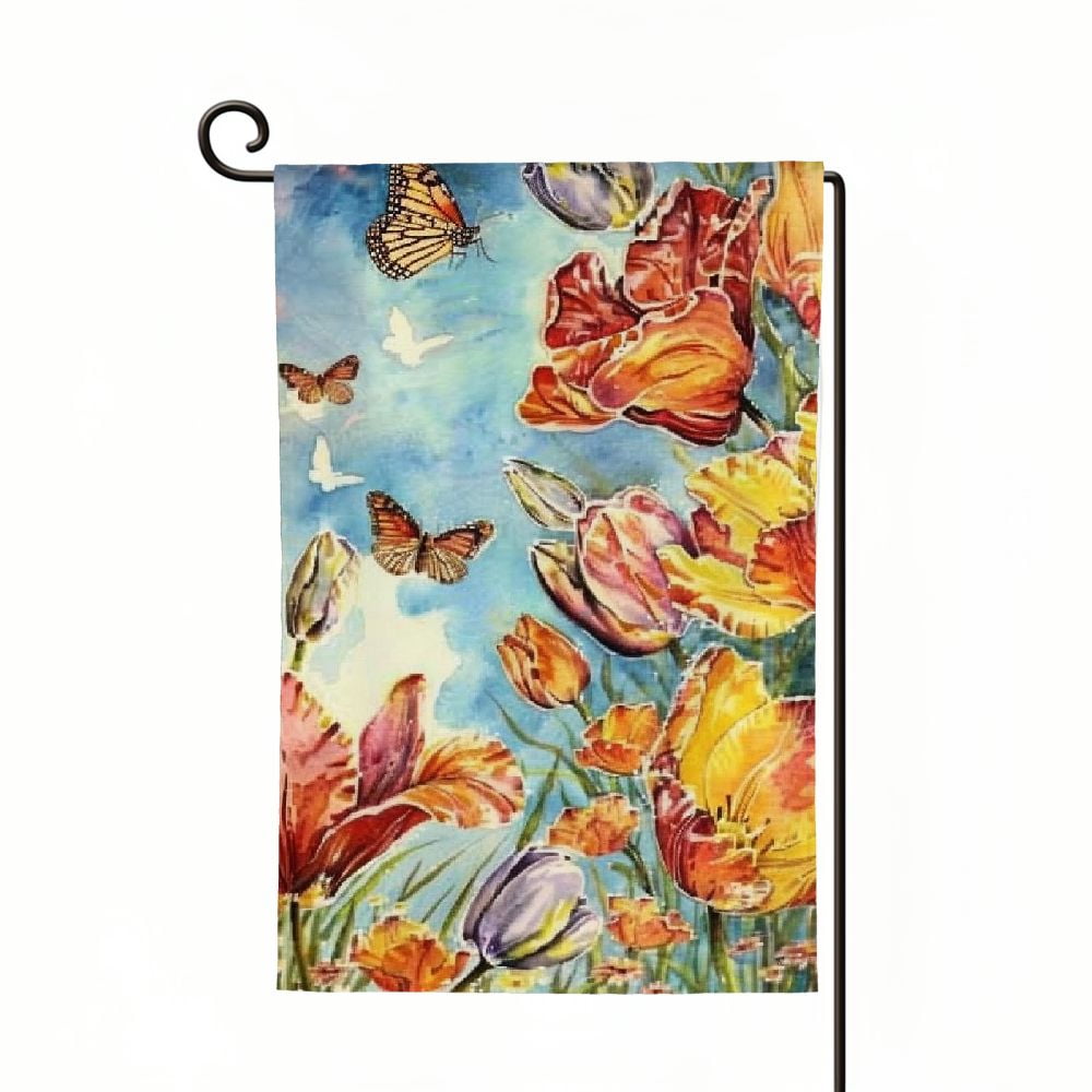Shangniulu Watercolor Tulips Flower and Butterflies Spring Art Garden ...