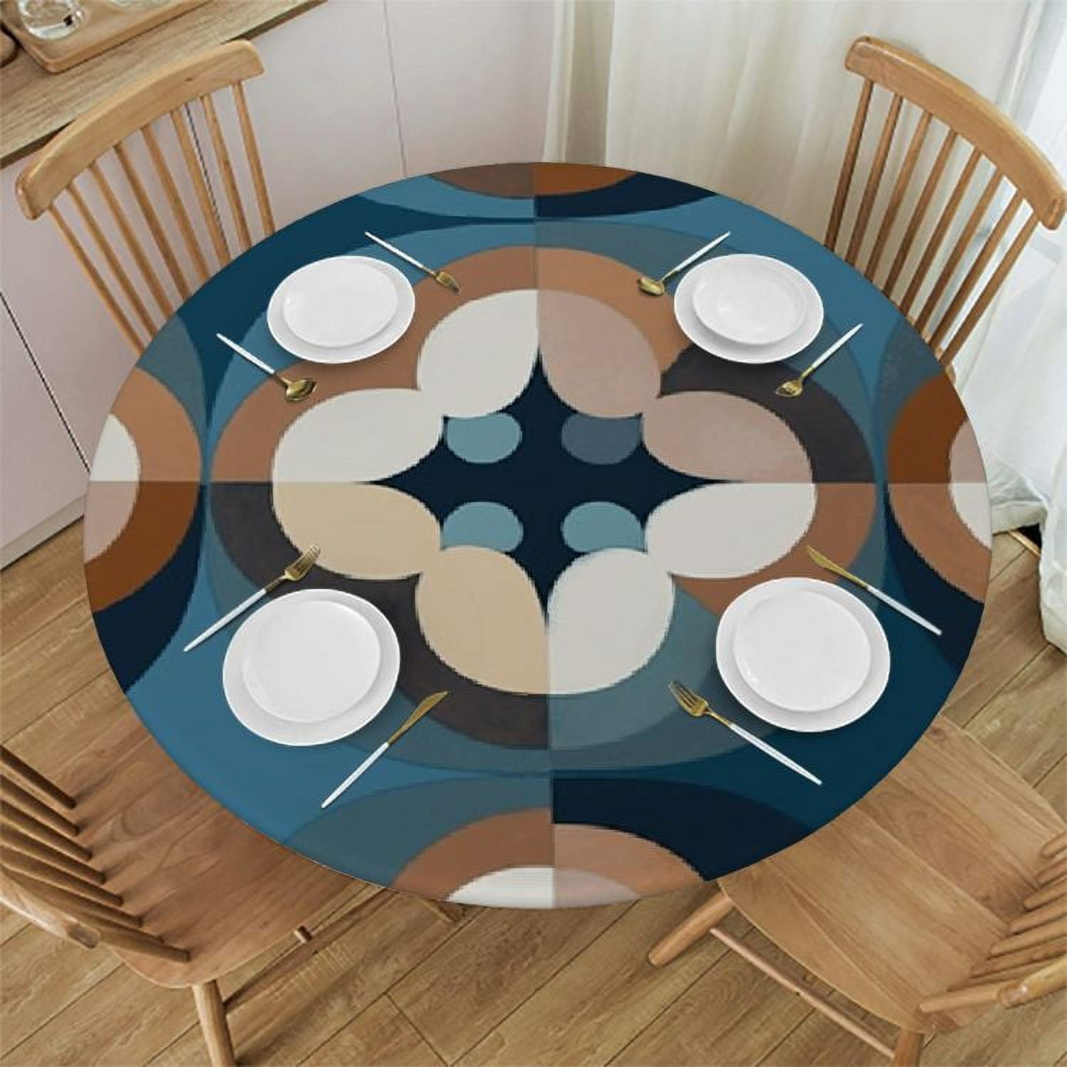 Shangniulu Waterproof Round Fitted Table Cover, Brown Blue Vintage ...