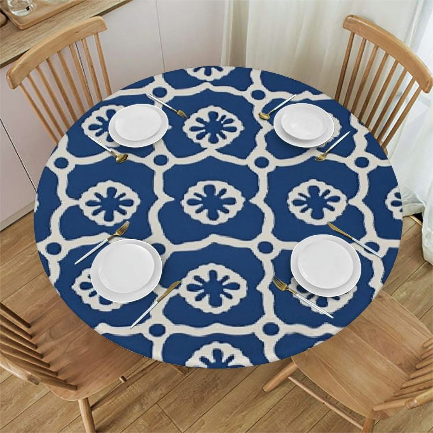 Shangniulu Waterproof Round Fitted Table Cover, Dark Blue Moroccan ...
