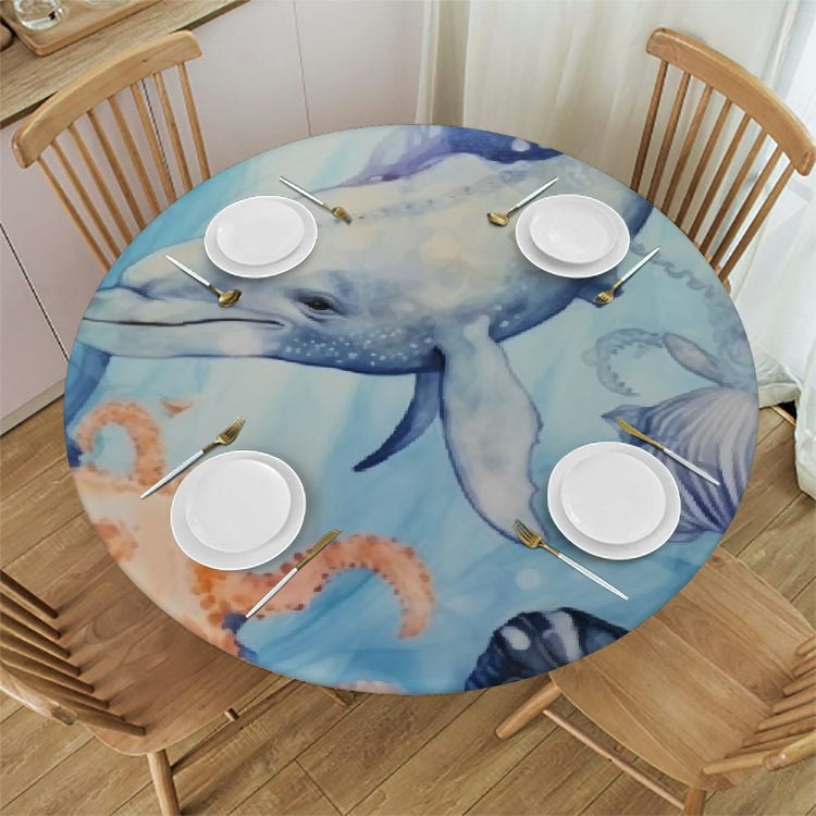 Shangniulu Whale Elastic Round Tablecloth, Blue Ocean Creature Sea ...