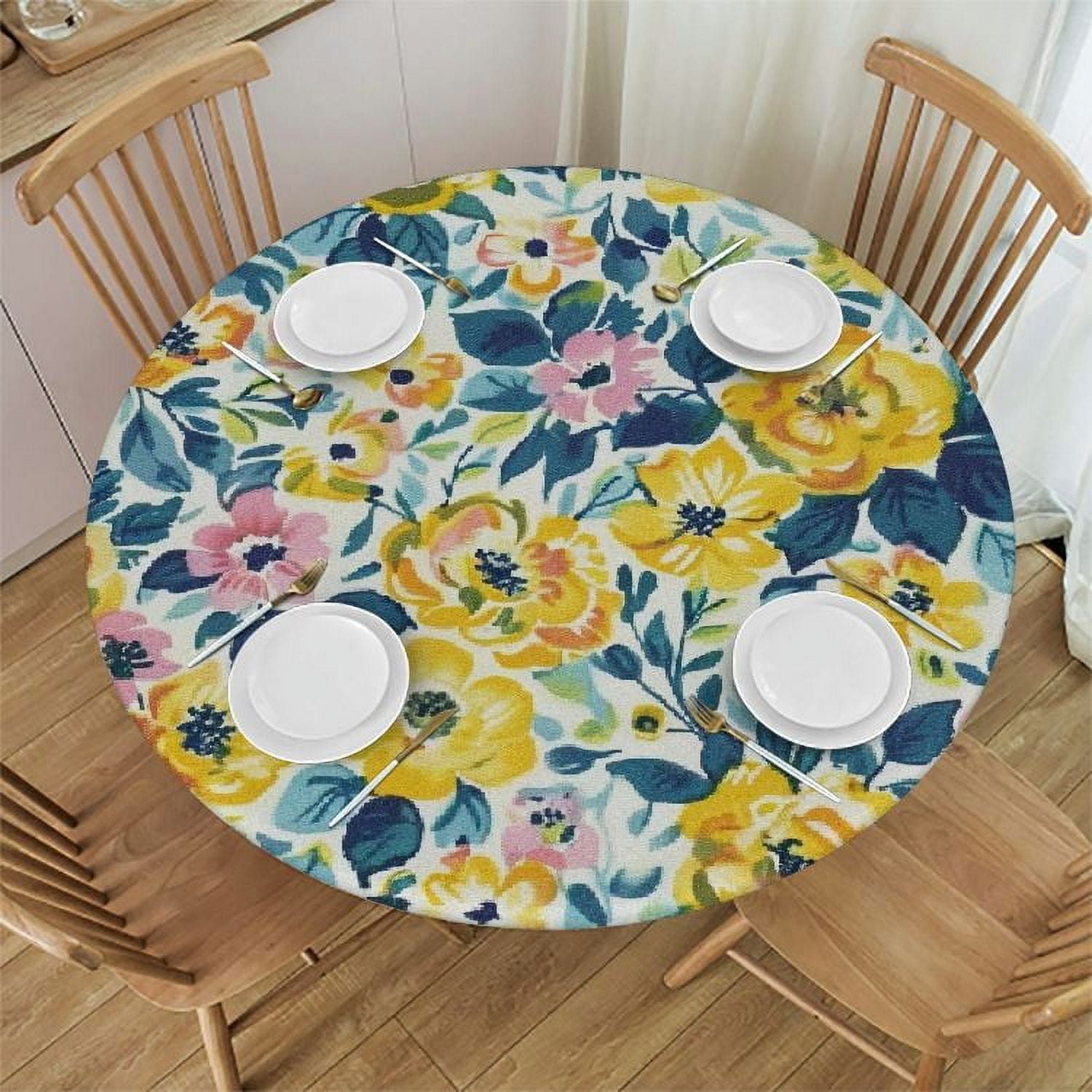 Shangniulu Yellow Blue Flowers Round Tablecloth 60 Inch Plant Tender Petal Bright Summer ...