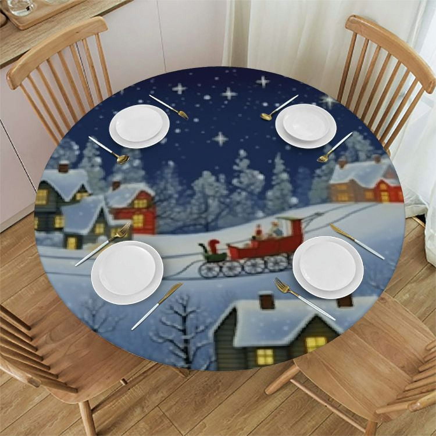 Shangniulu cfpolar Christmas Round Fitted Tablecloth, Santa Sleigh Moon ...