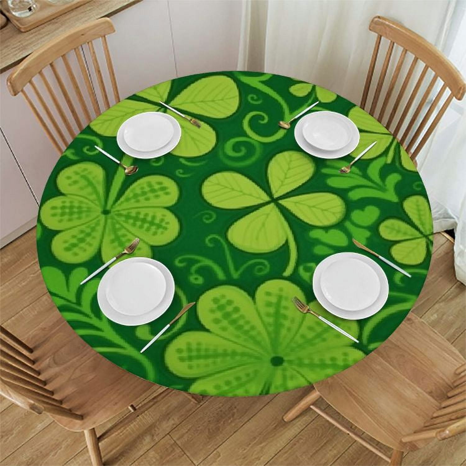 Shangniulu cfpolar Round Fitted Tablecloth, Lucky Clover Leaves Elastic ...