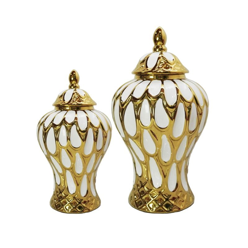 Shania Elegant White & Gold Ginger Jar with Removable Lid – Glossy Finish, Embossed Design ...