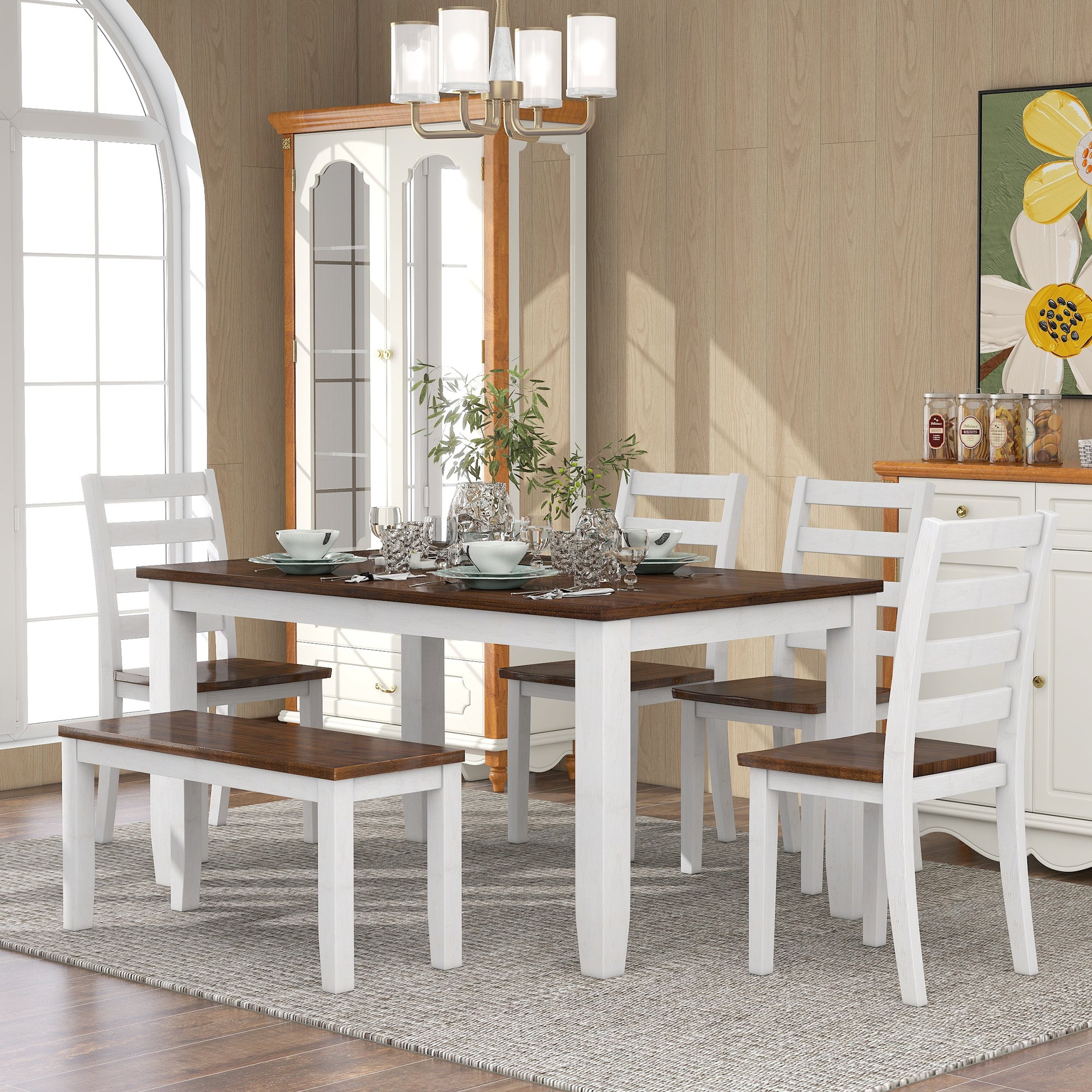 Shanno 6pc Dining Set Table 4x Side Chairs And Bench - Walnut - Walmart.com