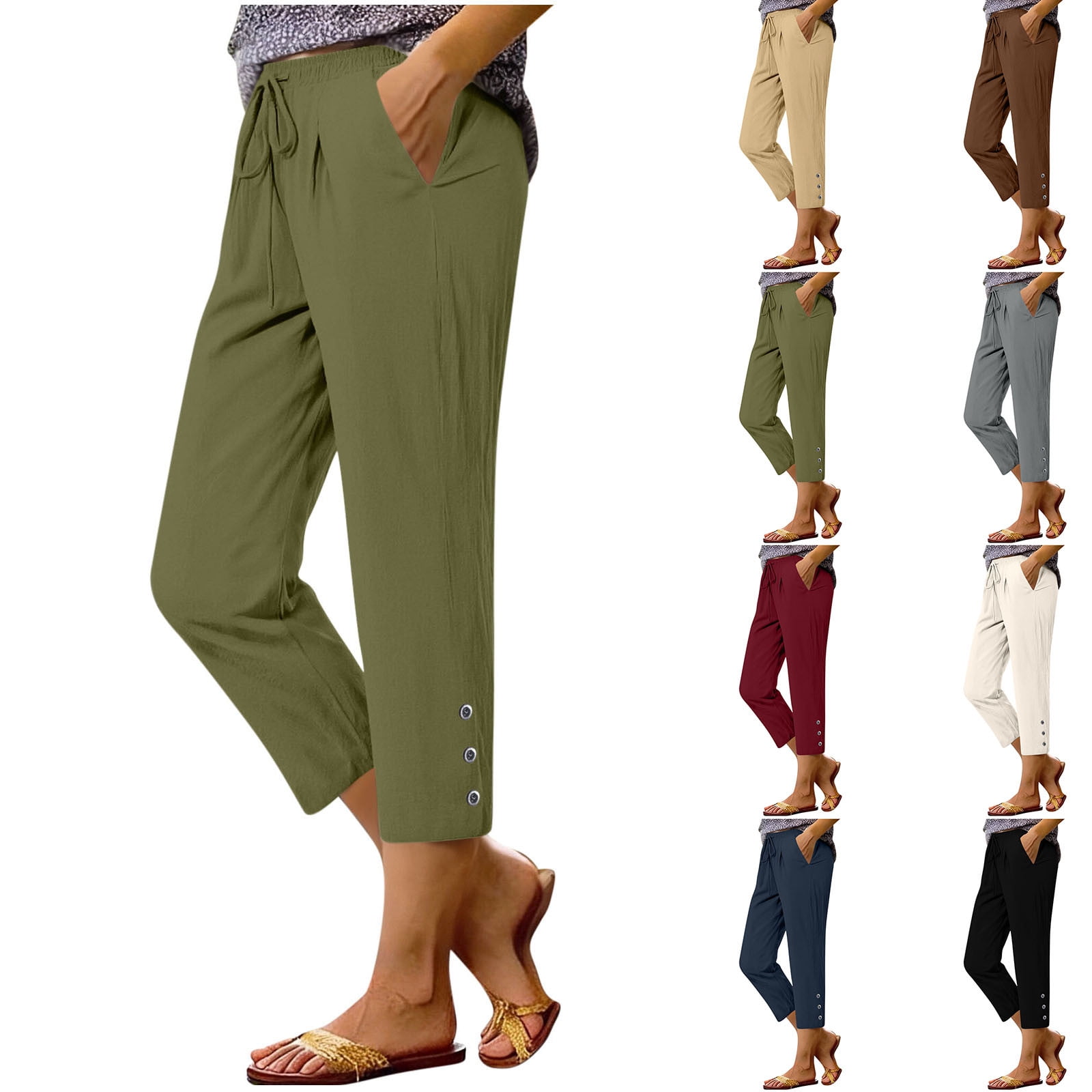 ShaoRunShi Womens Cotton Linen Pants Drawstring Capri Pants Slim Fit ...