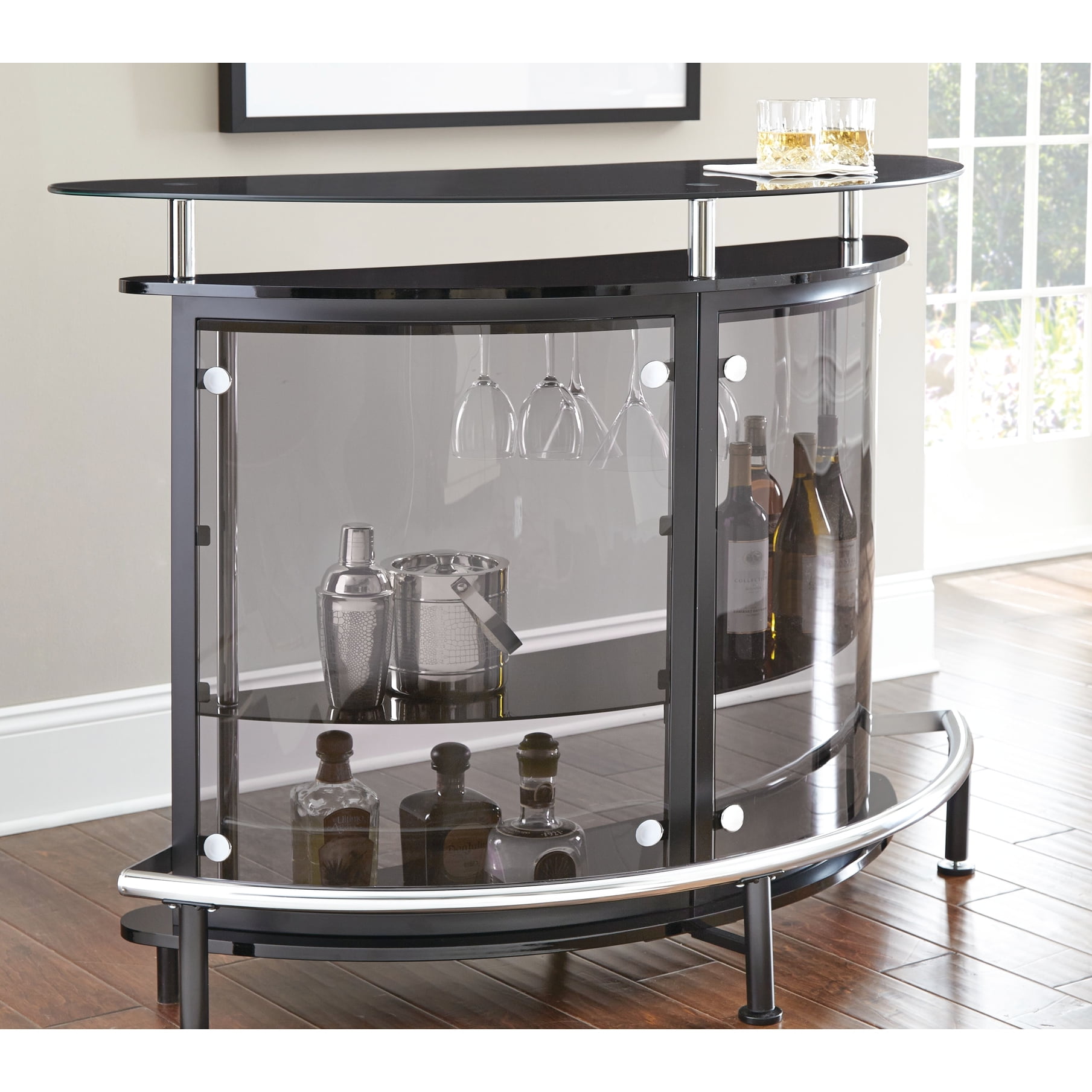 Shaped Bar Table/server In Black With Tempered Glass Shelves And ...