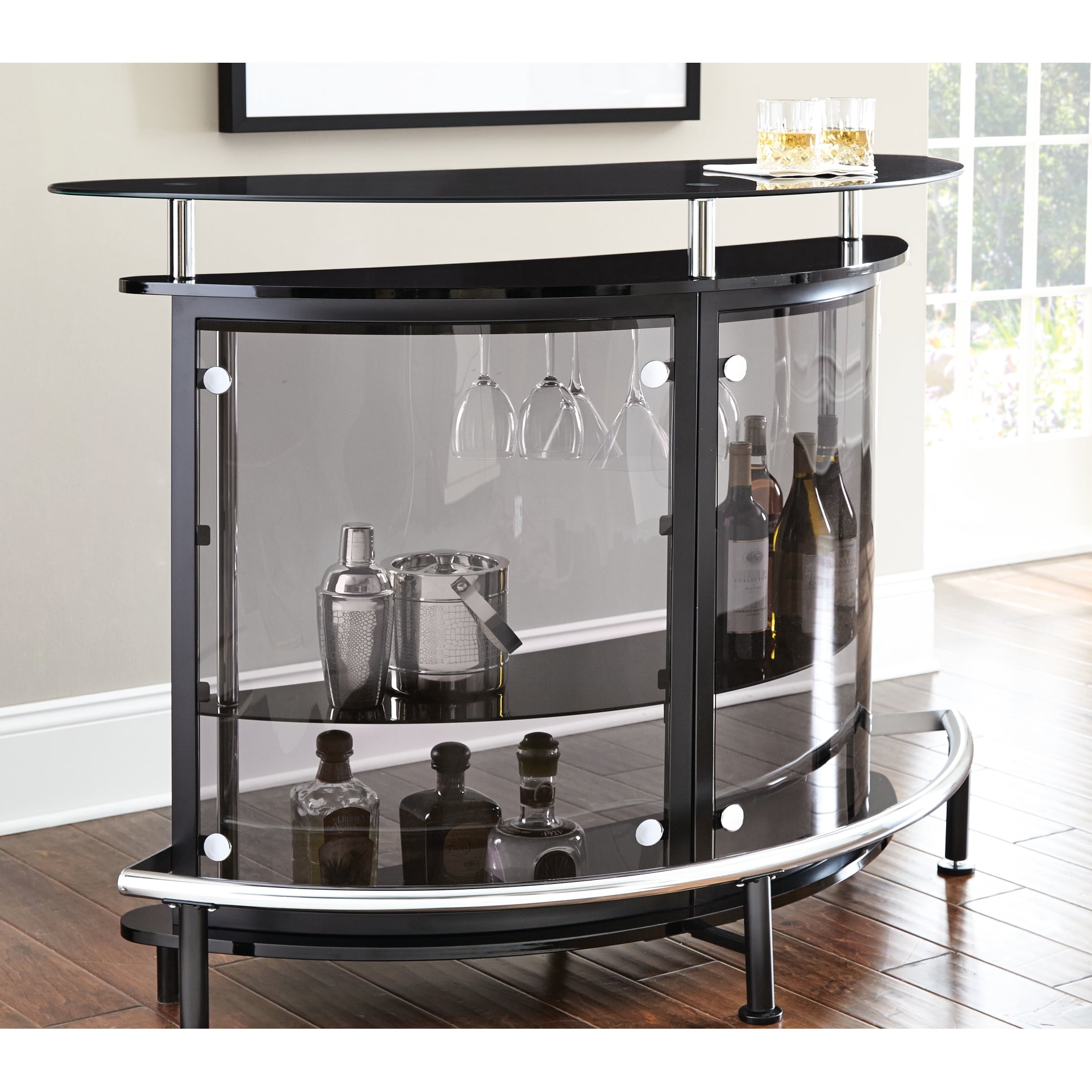 Shaped Bar Table/server In Black With Tempered Glass Shelves And ...