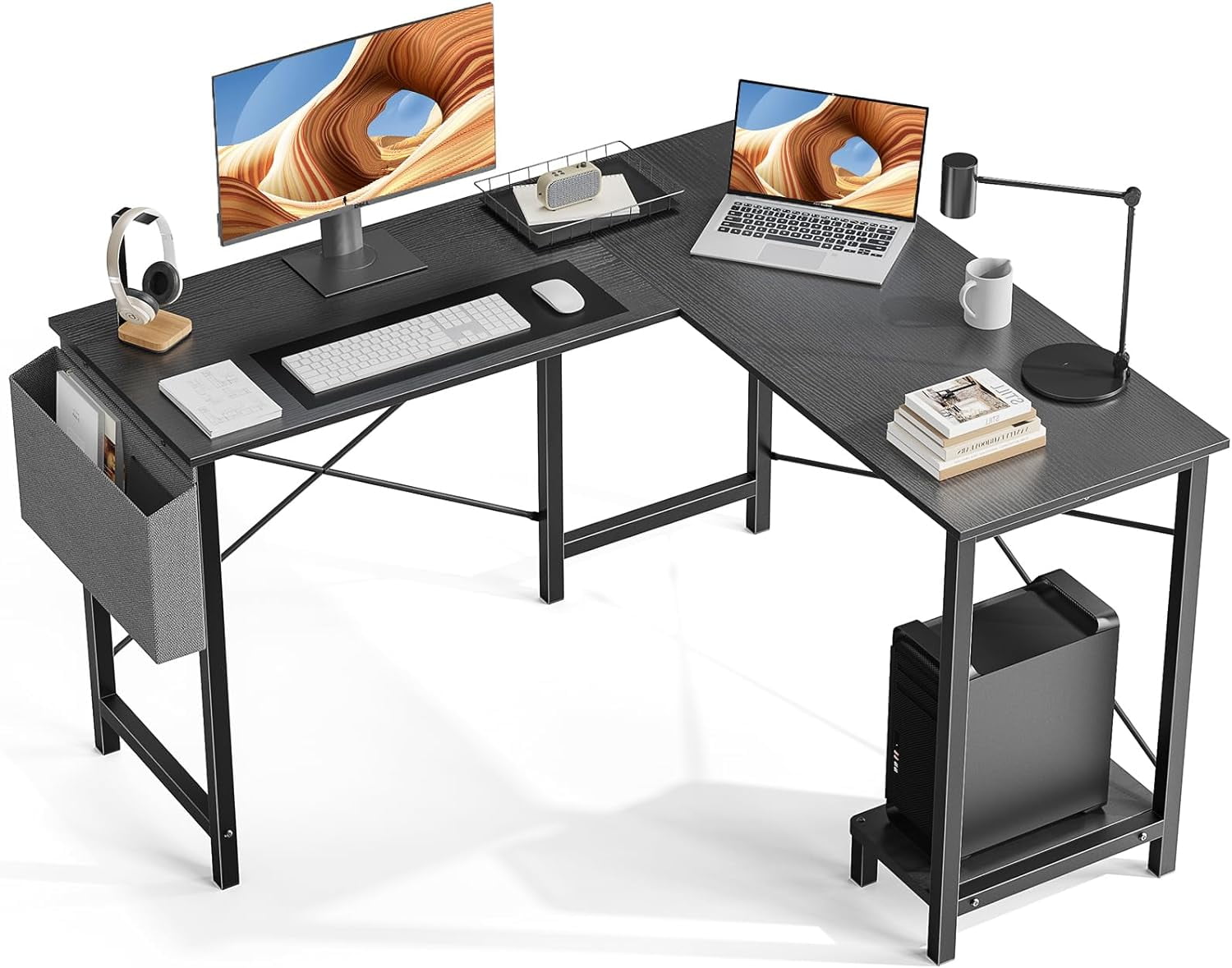 Shaped Computer Desk Gaming Corner 50 Inch Writing PC Wooden Table with ...