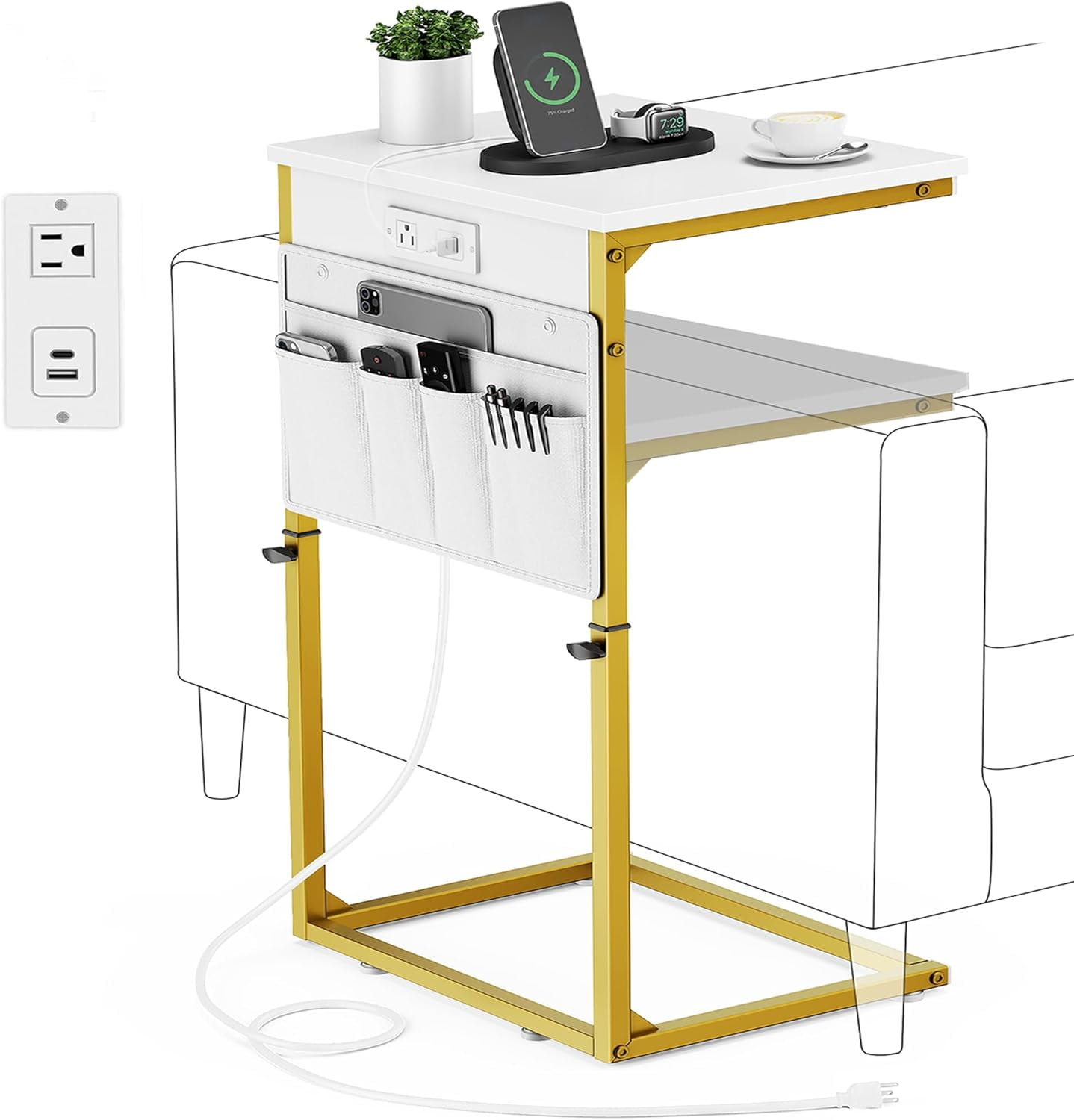 Shaped End Table with Charging Station, Adjustable Height Side Table ...