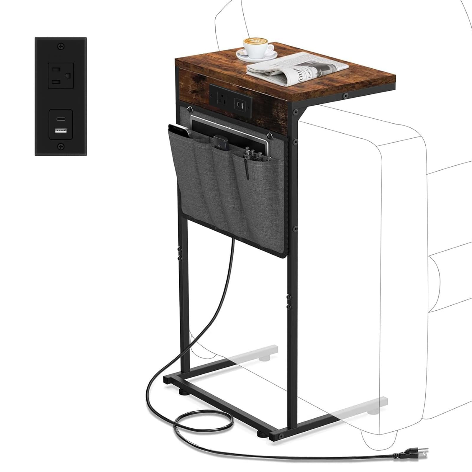 Shaped End Table with Charging Station, Small Side Table with Storage ...