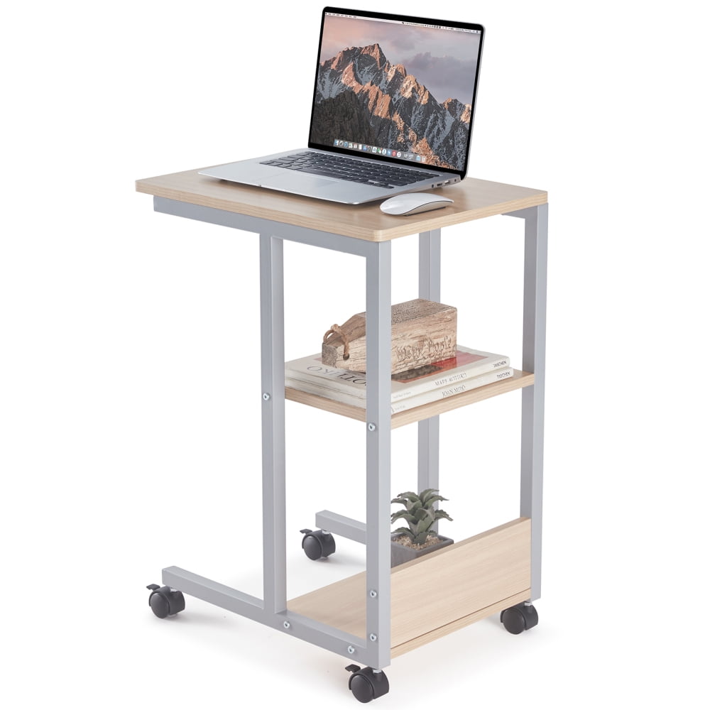 Shaped End Table with Lockable Wheels, Two-Tier Storage, Rolling Side ...