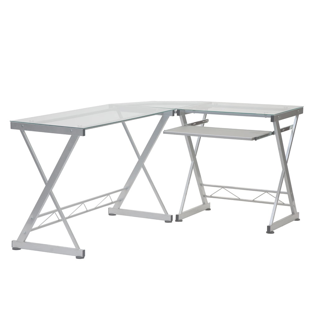 Shaped Tempered Glass Top Computer Desk with Pull Out Keyboard Panel ...