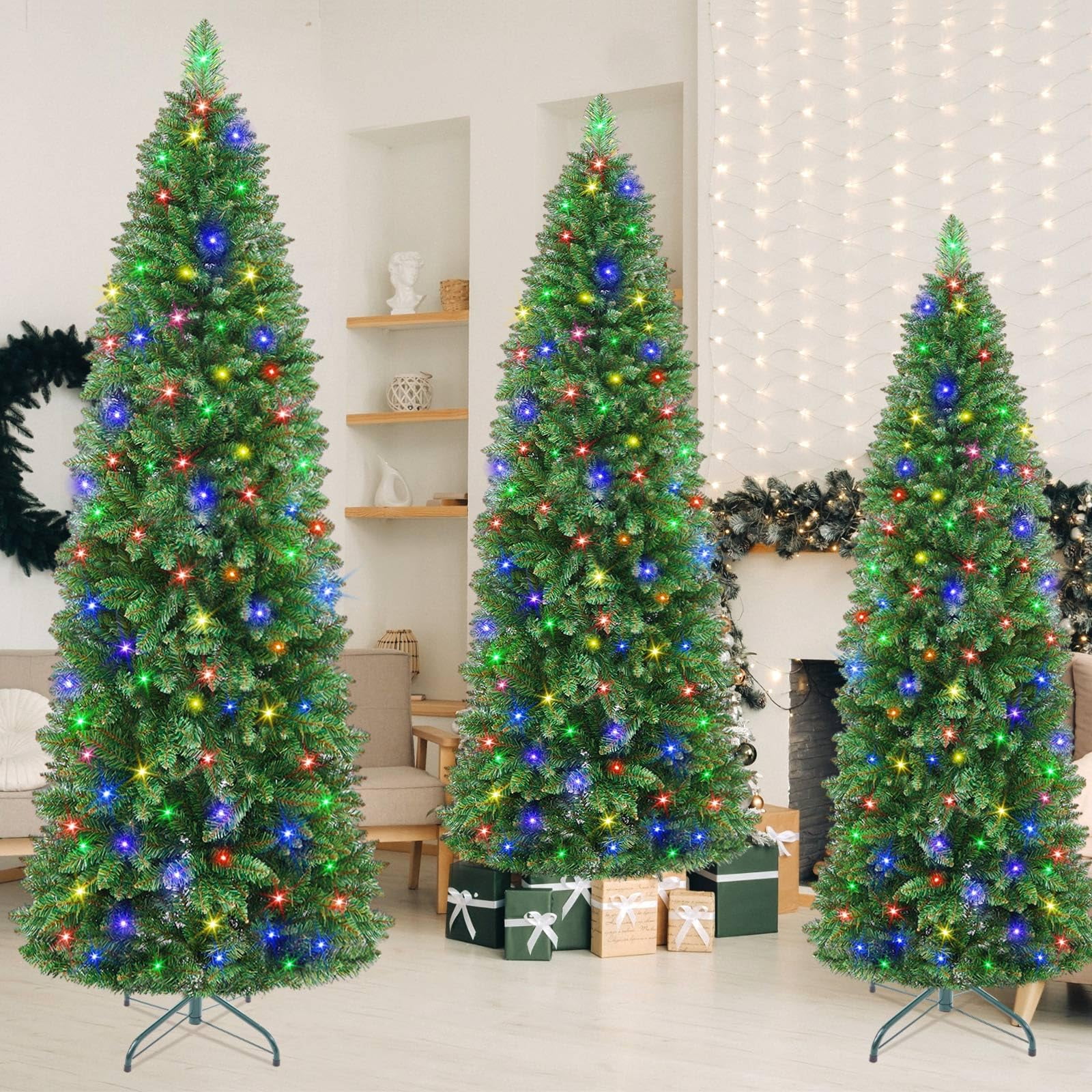 Shappy Set of 3 Christmas Trees 7ft 6ft 5ft Pre-lit Pencil Christmas ...
