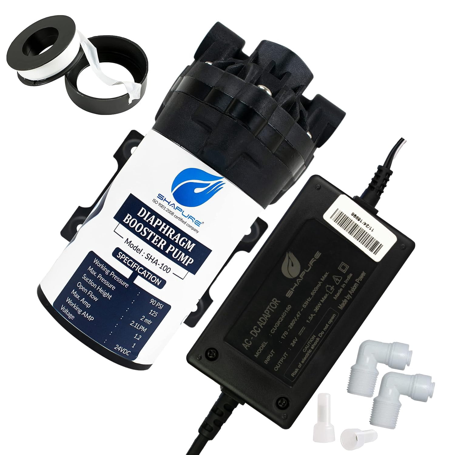 Shapure Standard RO Booster Pump 100 GPD with SMPS 24V DC Elbow and End ...