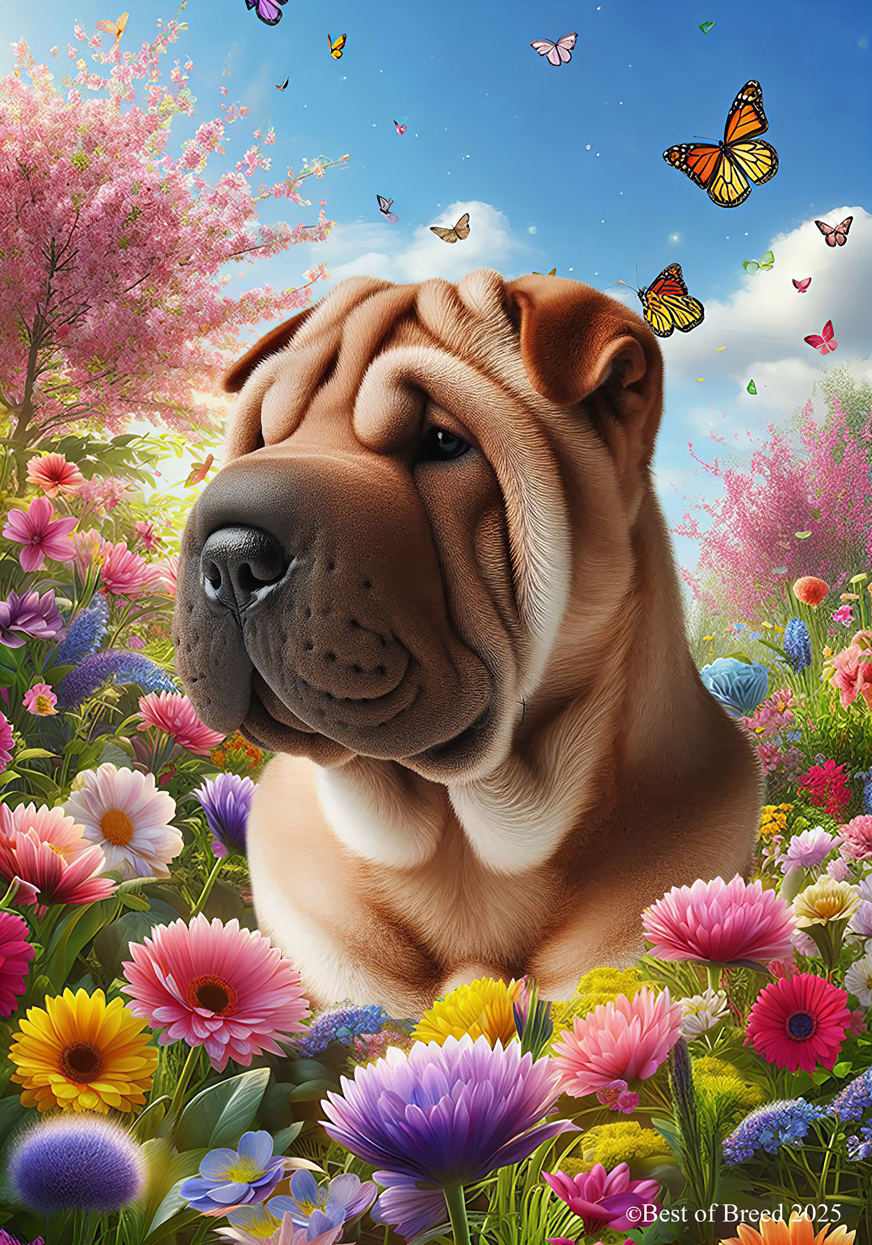 Shar Pei Fawn - Best of Breed Spring Butterfly Outdoor House Flag 28" x ...