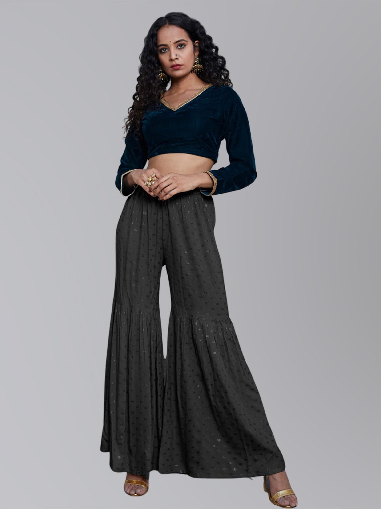 Sharara for Women | Black and Gold Floral Print Sharara | Sharara Pants ...