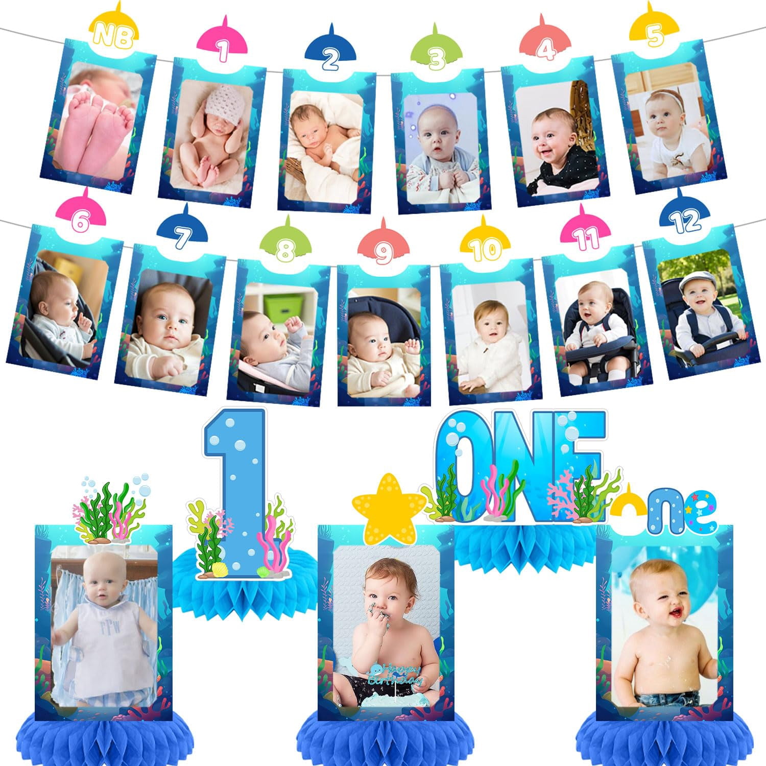 Shark 1st Birthday Party KEF16 Decorations, Cartoon Shark 12 Monthly ...