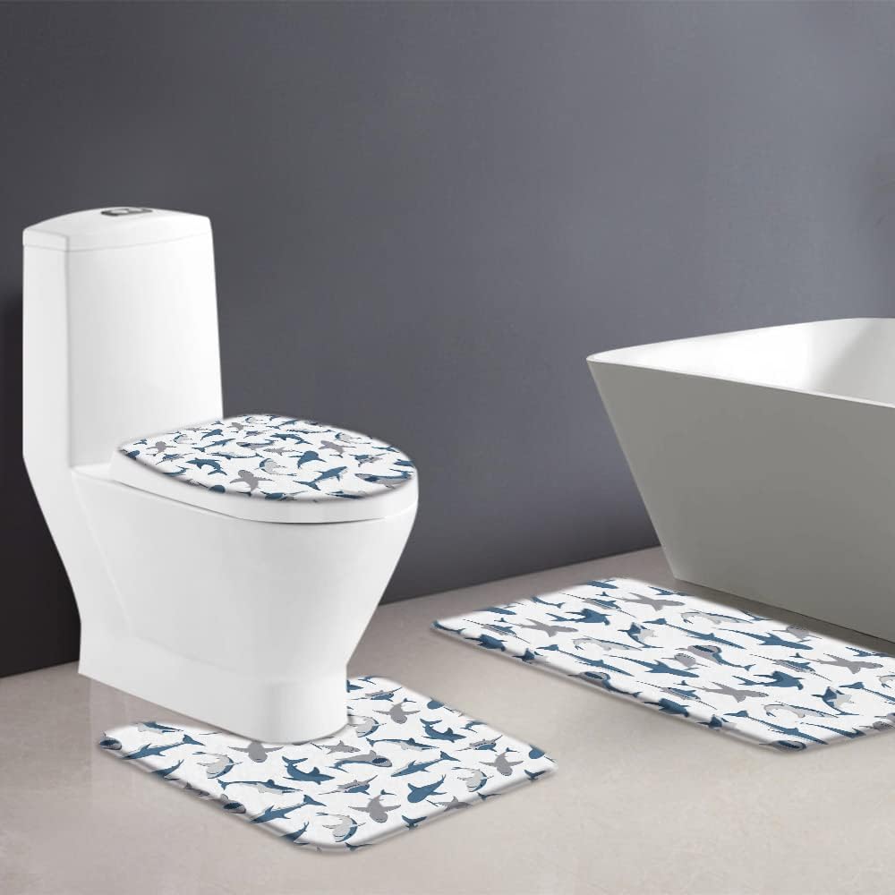 Shark 3 Piece Bath Mat Sets,Ocean Animal Blue Shark Open The Mouth Fish ...
