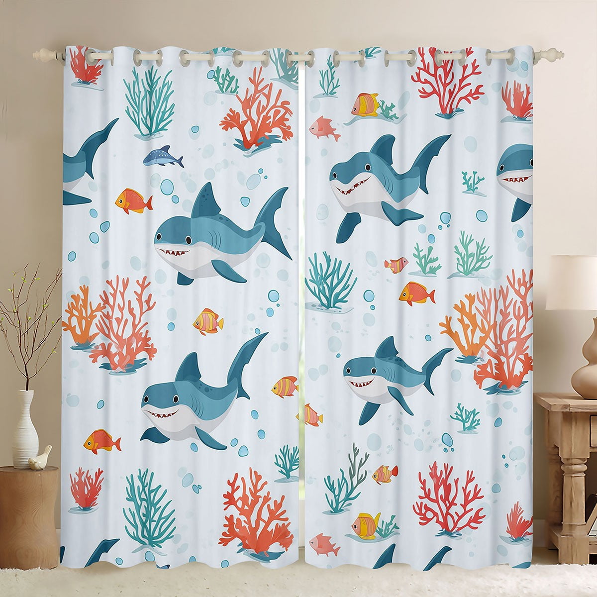 Shark 30%-50% Blackout Curtains Ocean Sealife Curtains Teens 3D Shark ...