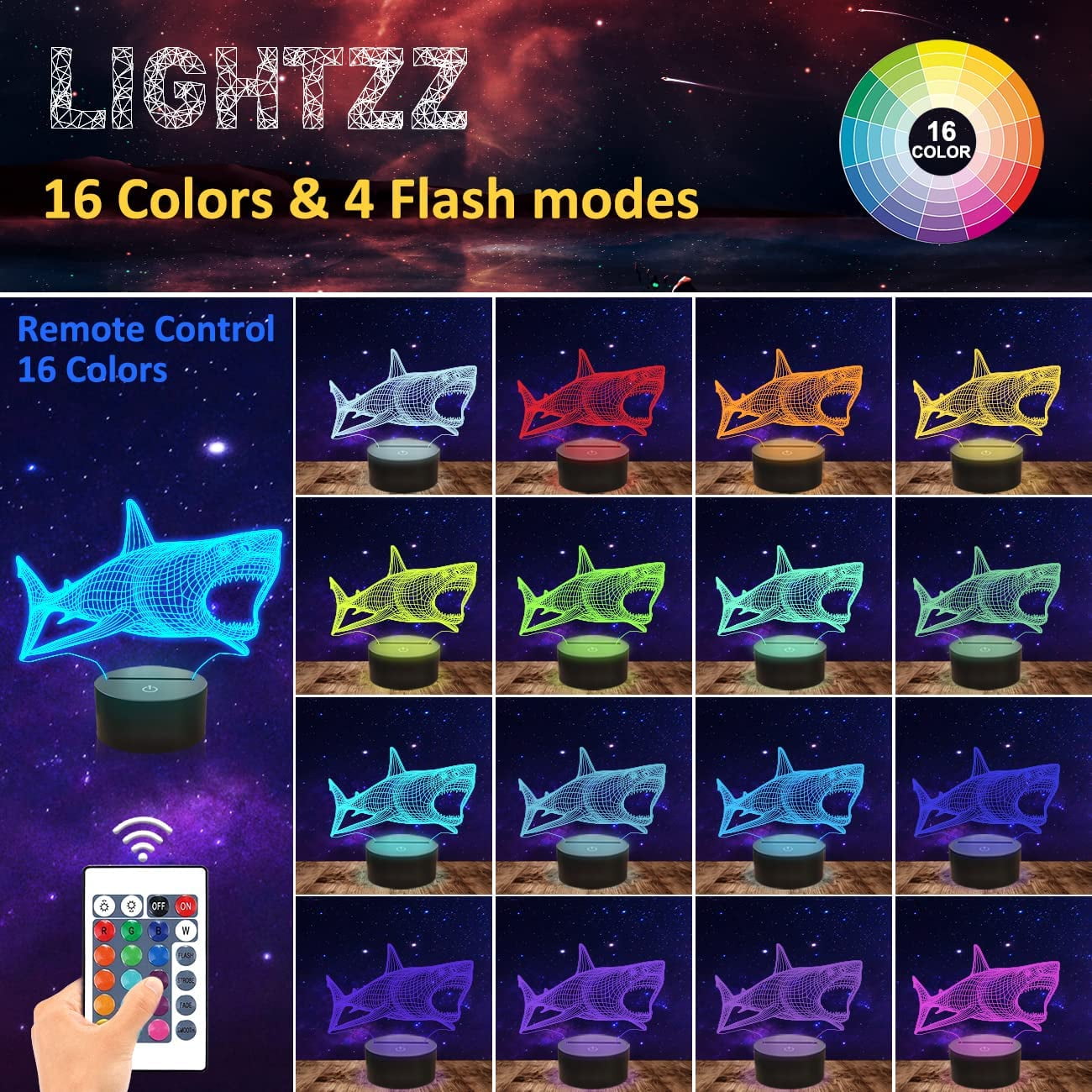Shark 3D Illusion Night Light Ocean Animal Desk Table Lamp,16 Colors ...