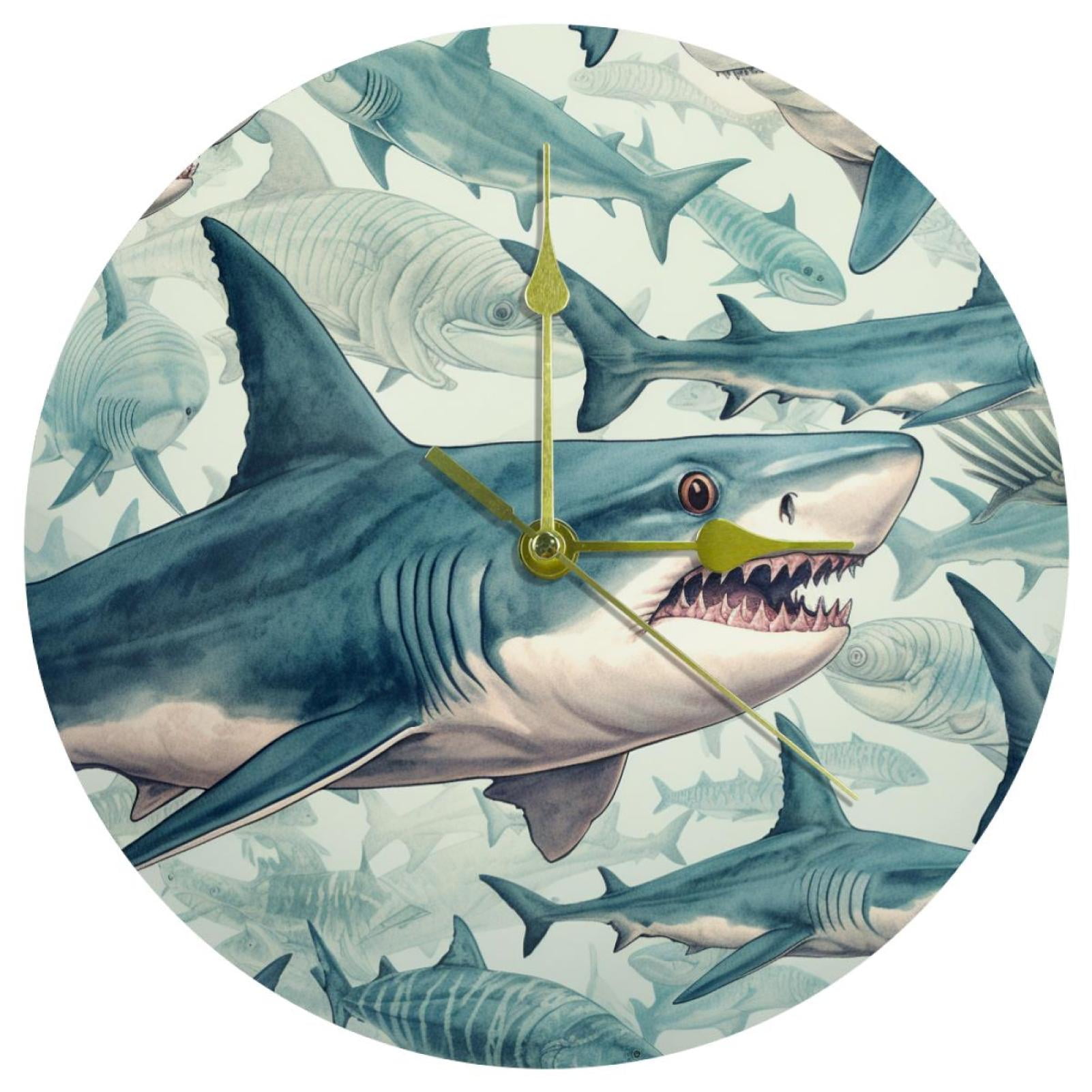Shark 9.8 Inch Round Acrylic Silent Non Ticking Battery Powered Wall ...