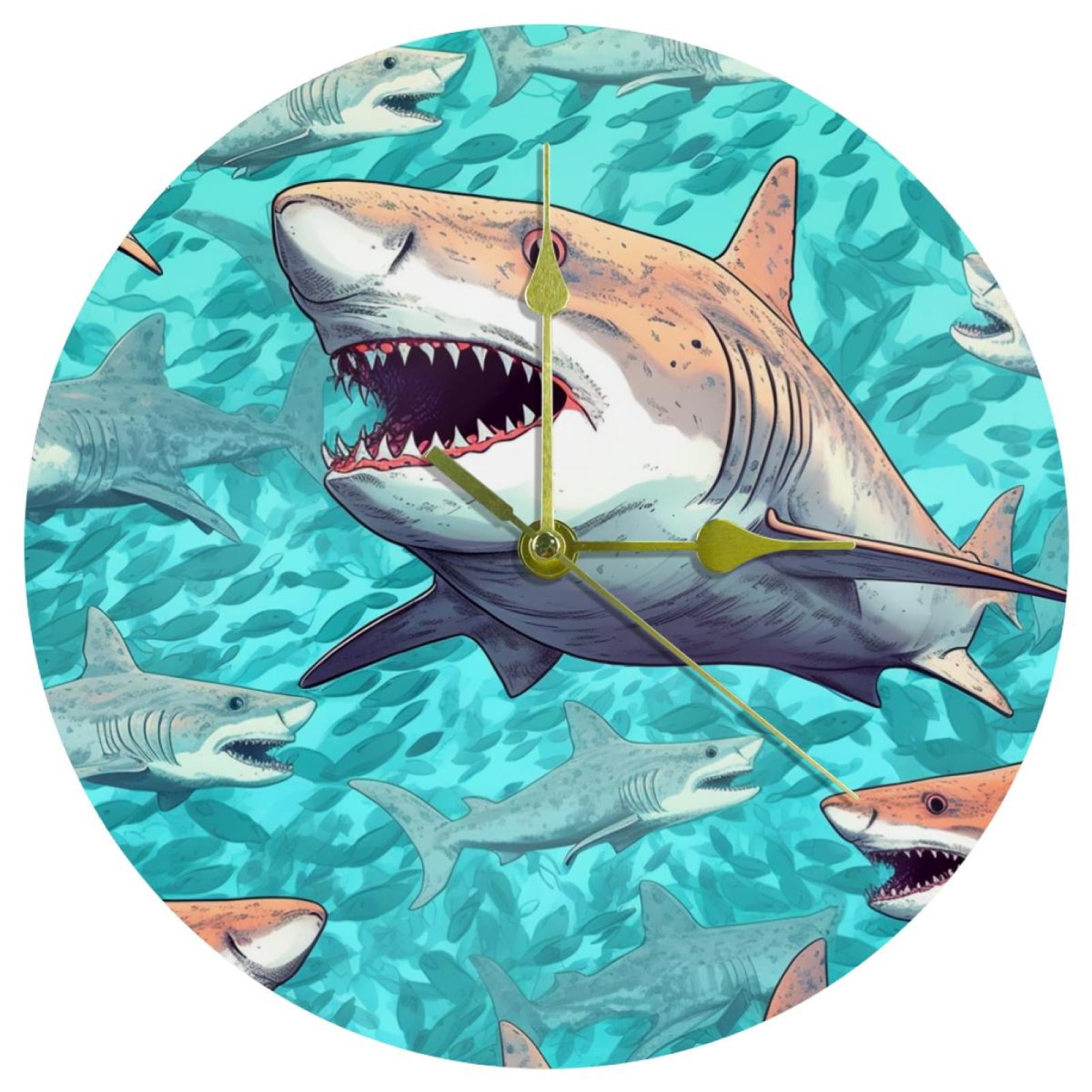 Shark 9.8 Inches Round Acrylic Wall Clock, Silent Non Ticking Battery ...
