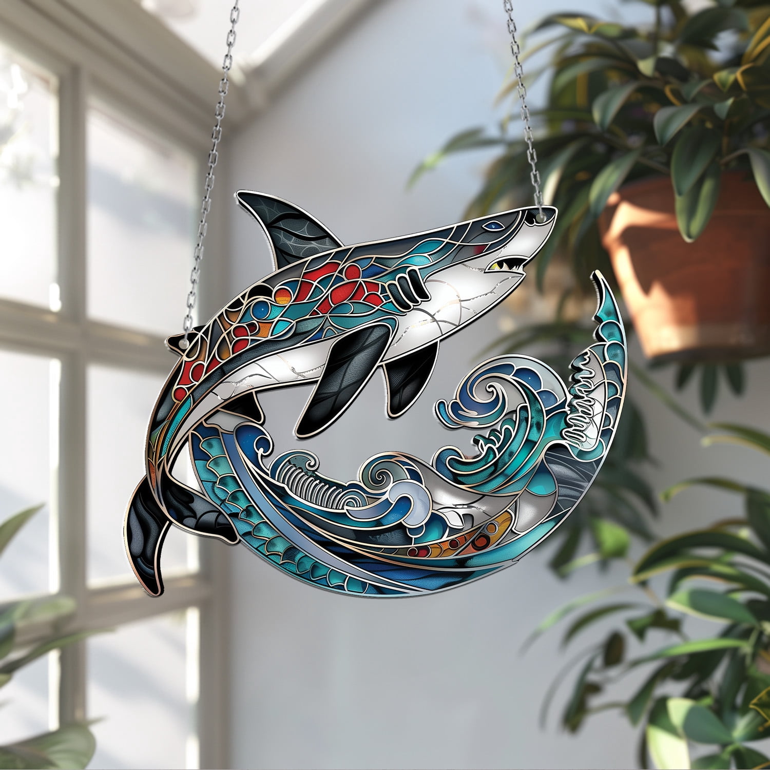 Shark Acrylic 2D Window Hanging with Ocean Waves, Stained Glass Style ...
