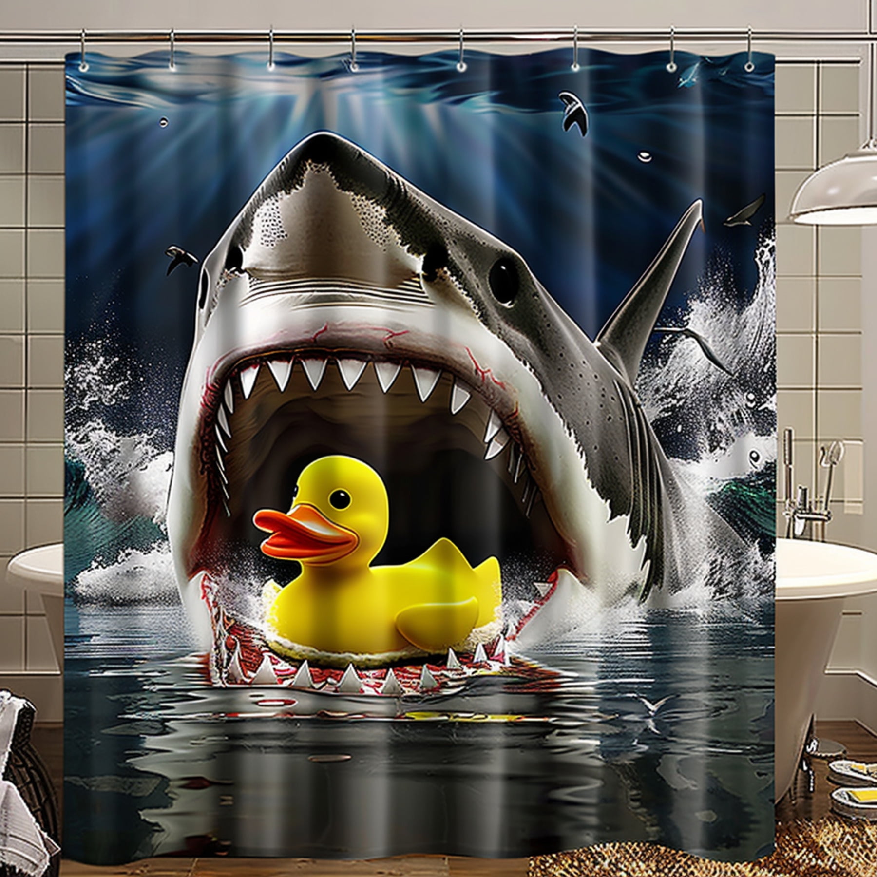 Shark Attack Ocean Bathroom Curtain Hyper Realistic Photography Yellow ...