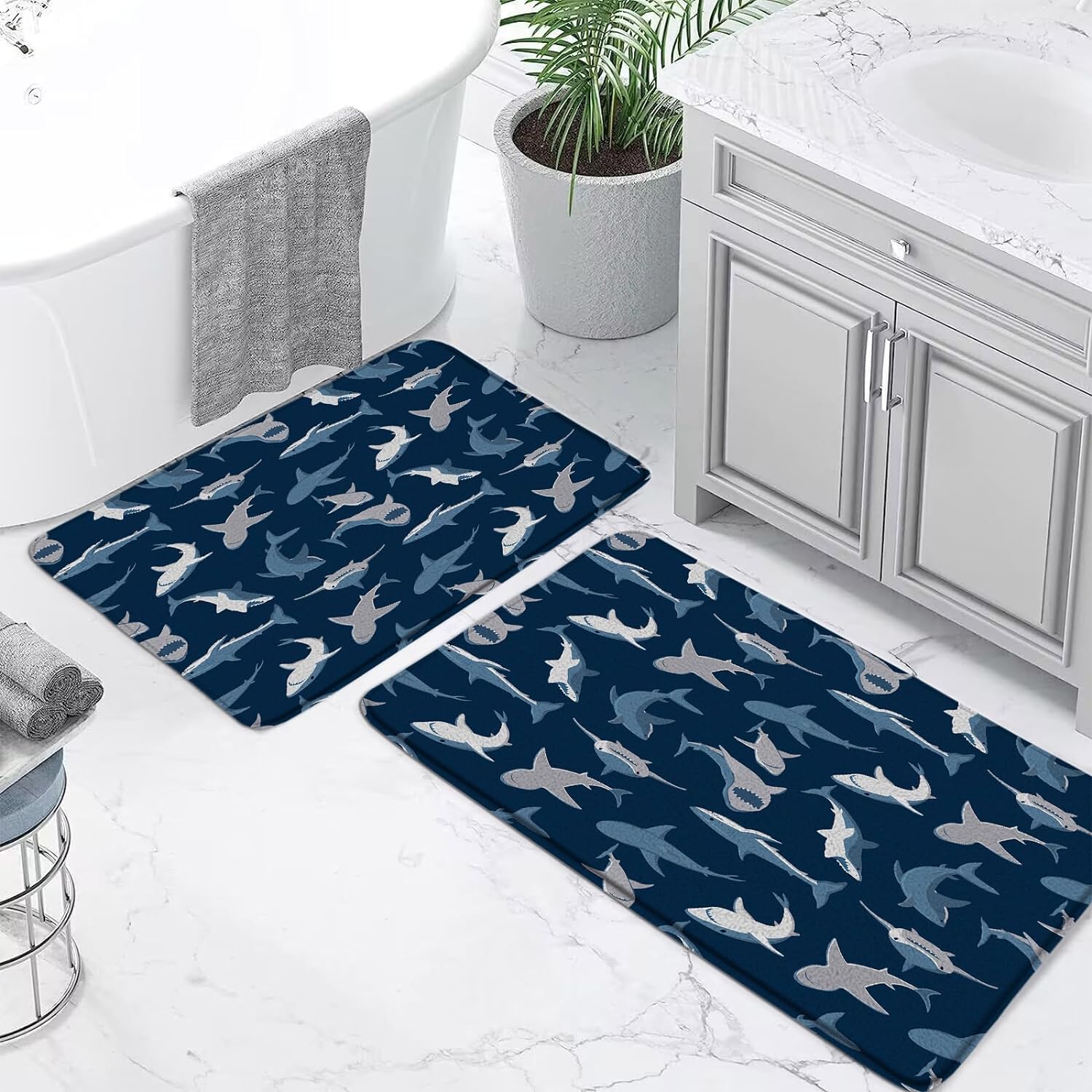 Shark Bath Mat Navy Blue Ocean Animal Shark Open The Mouth Danger Humor ...
