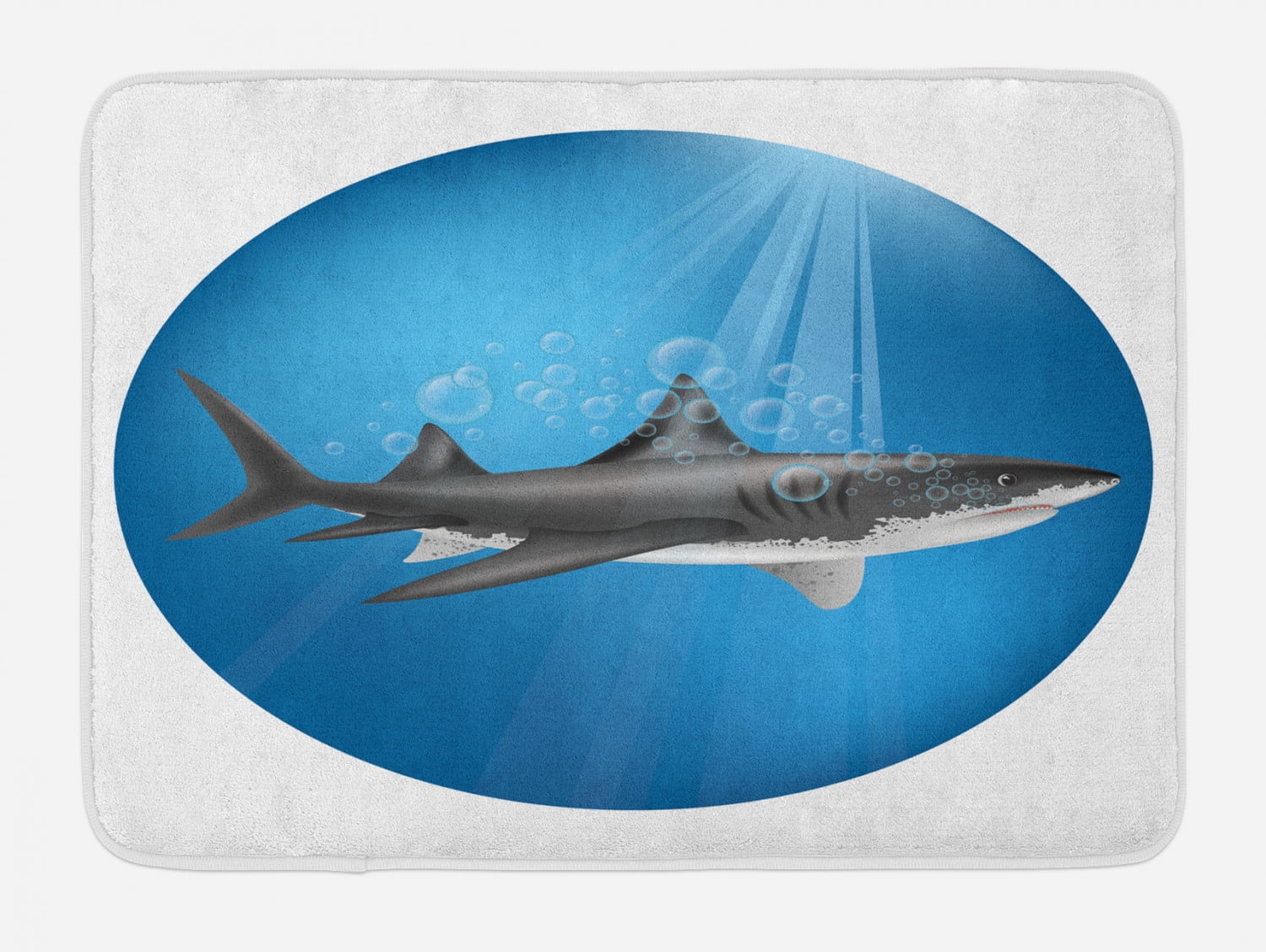 Shark Bath Mat, Shark in Sea with Sun Rays in Circle Aquatic Underwater ...