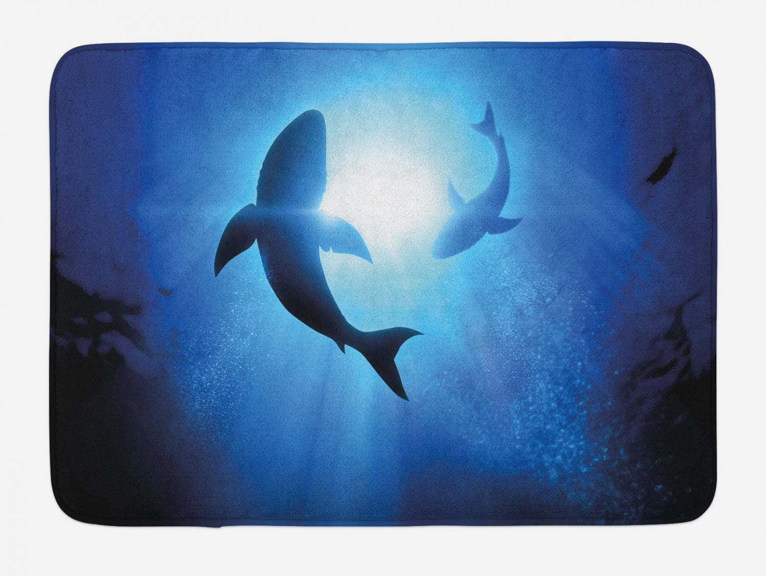 Shark Bath Mat, Underwater World with Fish Silhouettes Circling in the ...