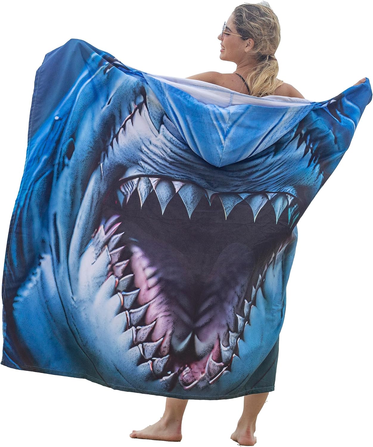Shark Beach Towel with Hood, Microfiber Hooded Swim Towel Poncho, Sand ...