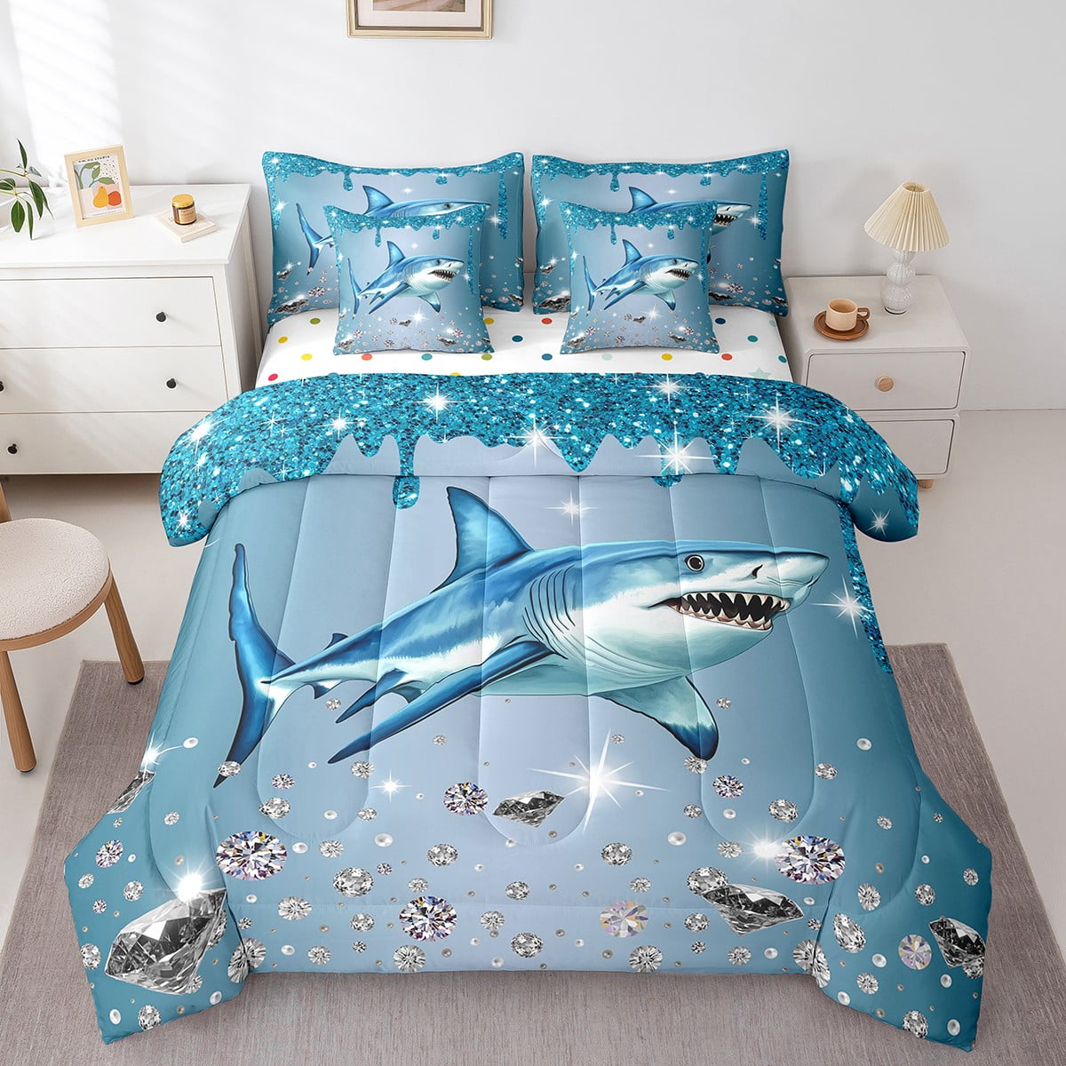 Shark Bed in a Bag Queen Comforter Set 7 Piece,Blue Sequin Fluid Art ...