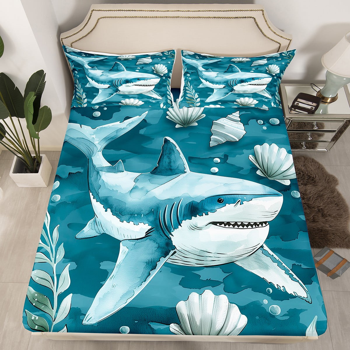 Shark Bed Sheets Set Full,Watercolor Shark Shell Top Sheet for Kids ...