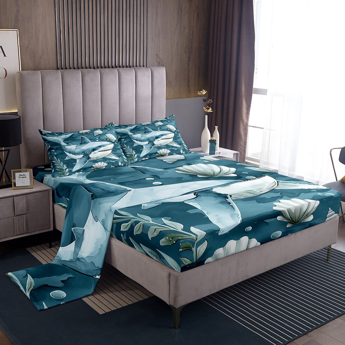 Shark Bed Sheets Set King,Watercolor Shark Shell Top Sheet Bedroom ...